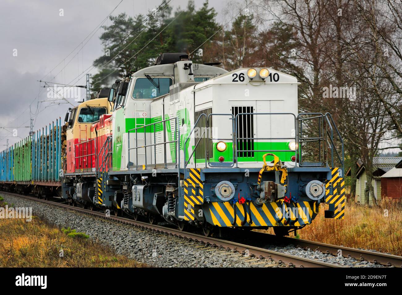 VR freight train with two diesel locomotives, Dv12 No. 2610 in the ...