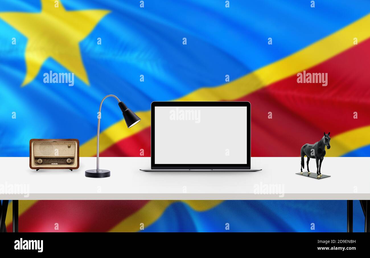 Congo national flag background with workspace, desktop computer and ...