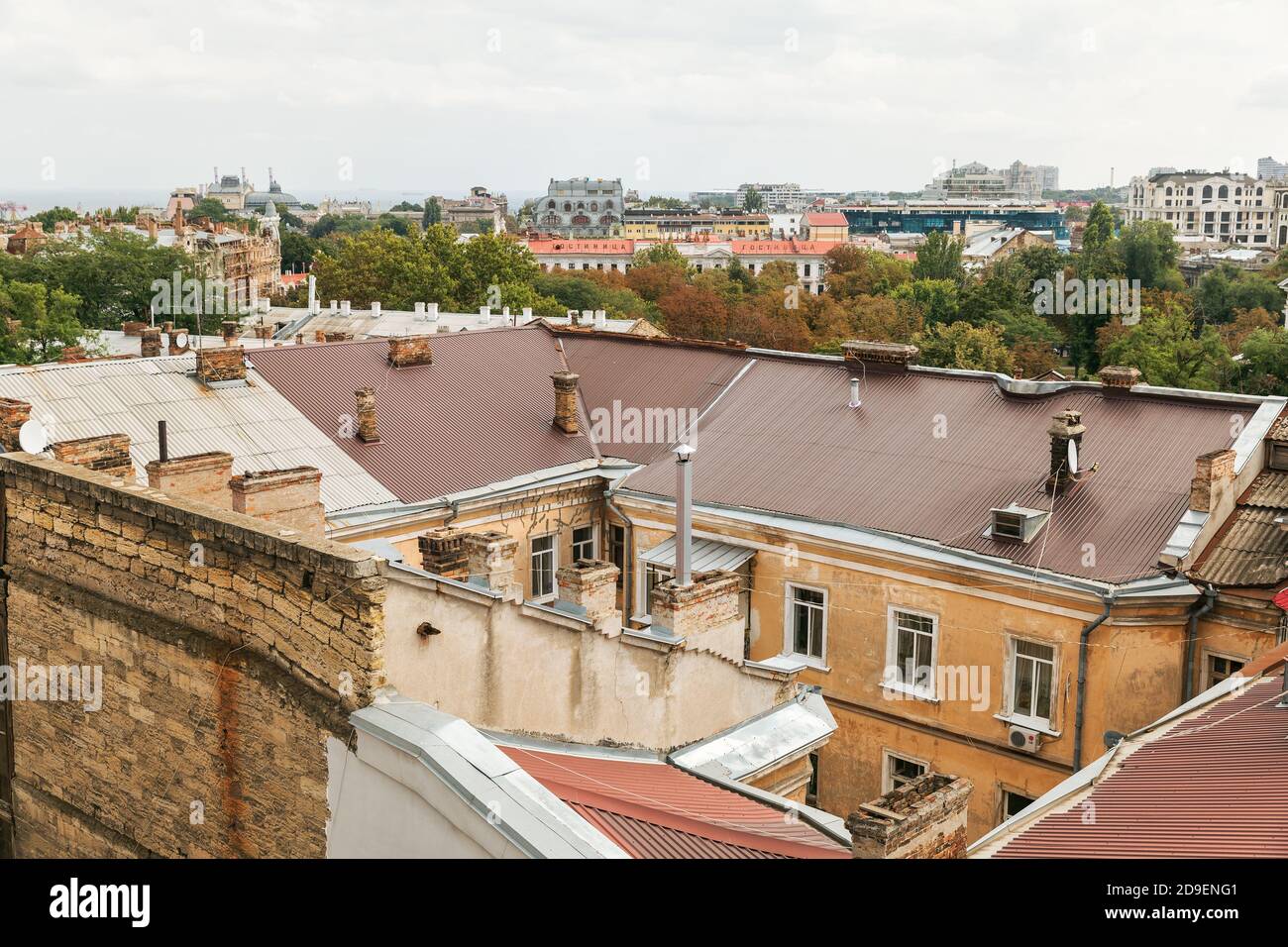 Odessa, Ukraine - Sep. 09, 2018: Aerial view of the roofs and old ...