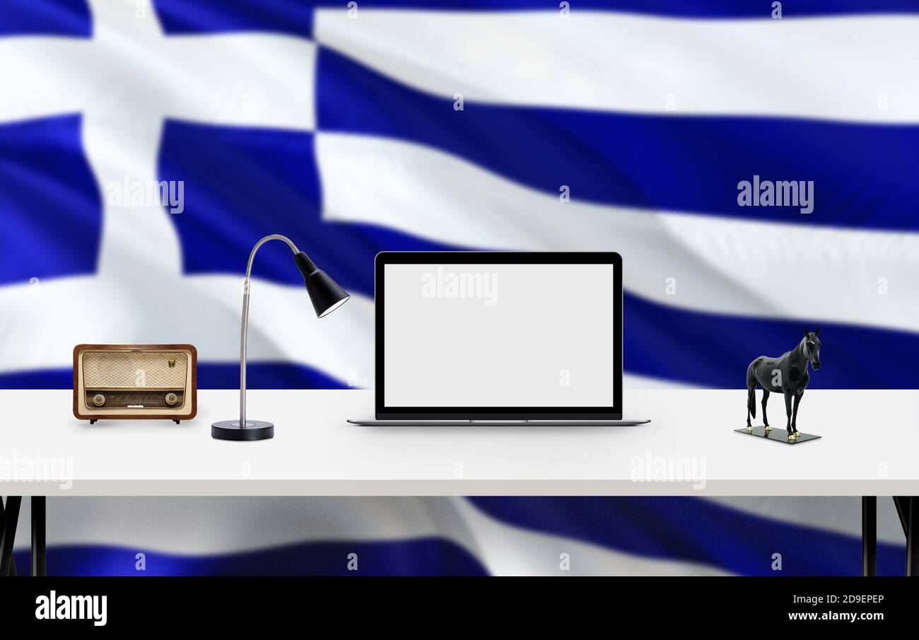 Greece national flag background with workspace, desktop computer and ...