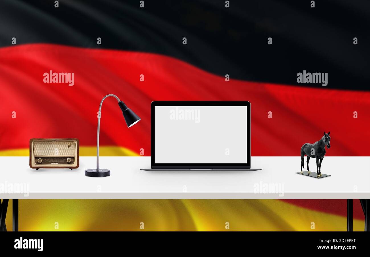 Germany national flag background with workspace, desktop computer and ...