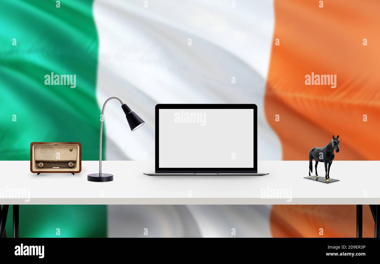 Ireland national flag background with workspace, desktop computer and ...