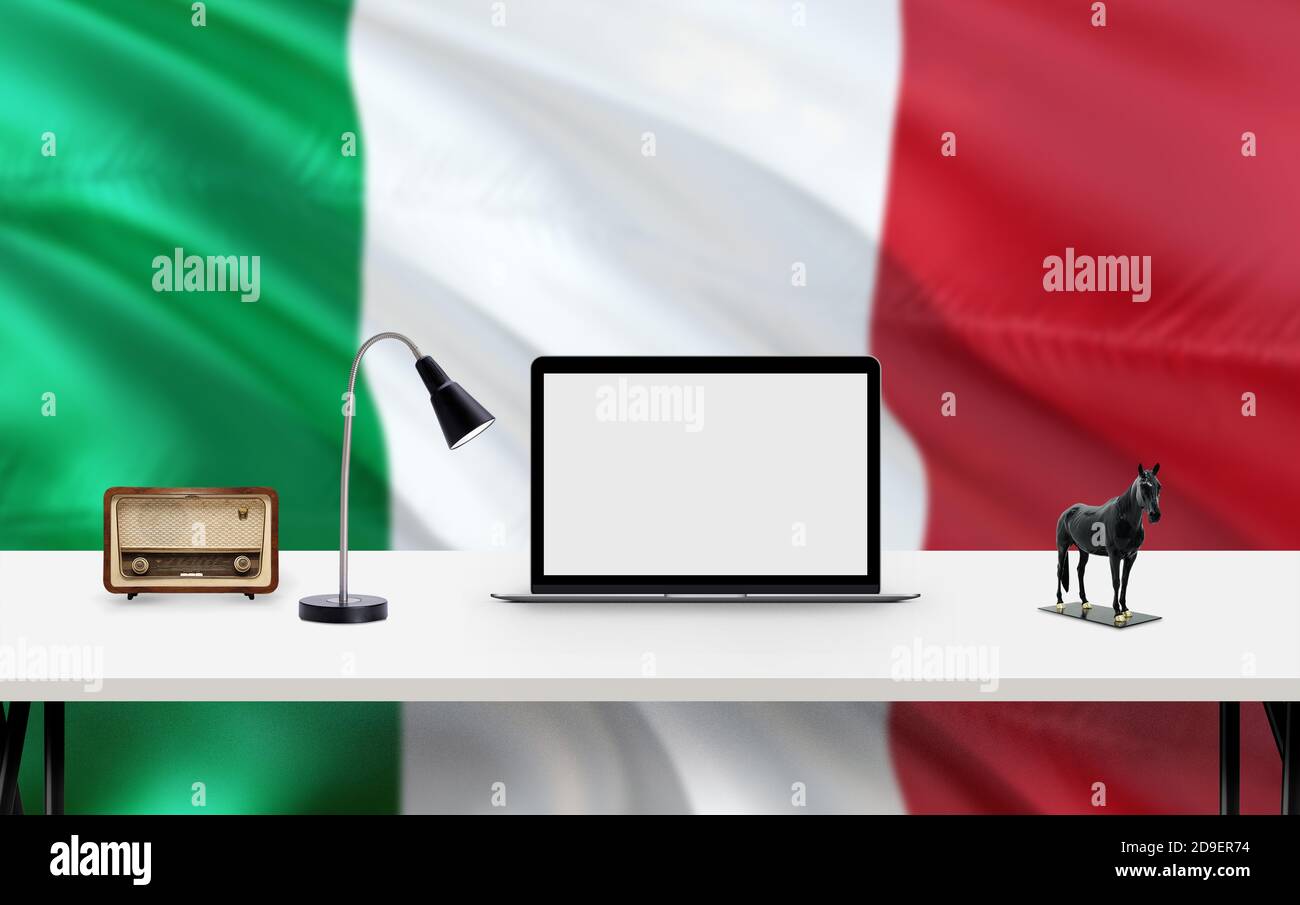 Italy national flag background with workspace, desktop computer and ...