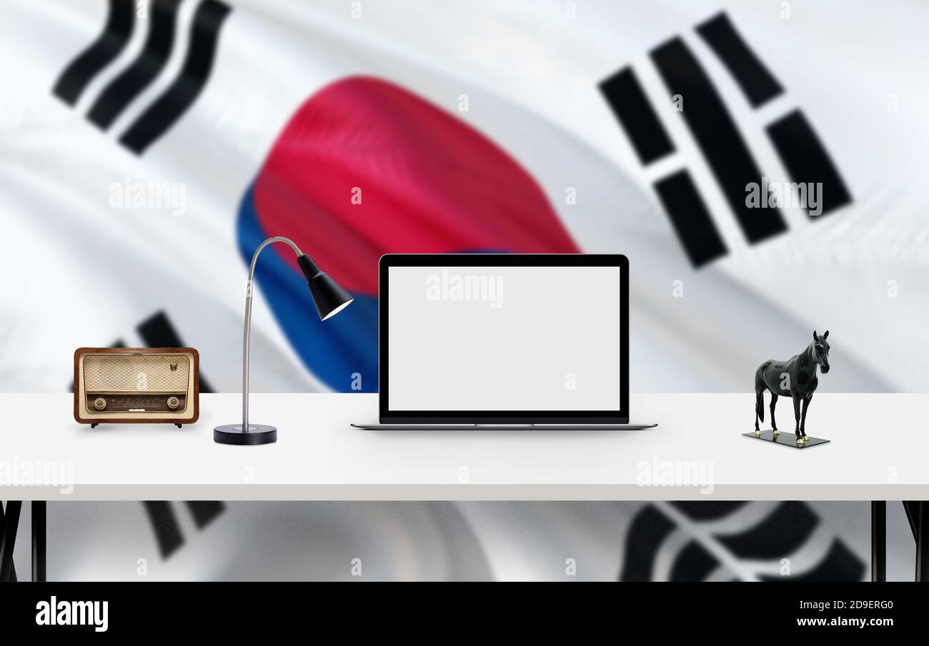 South Korea national flag background with workspace, desktop computer ...