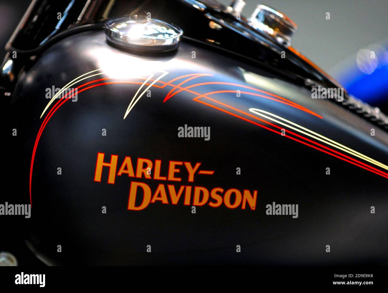 Harley Davidsonmotorbike logo on a red new model displayed at EICMA ...