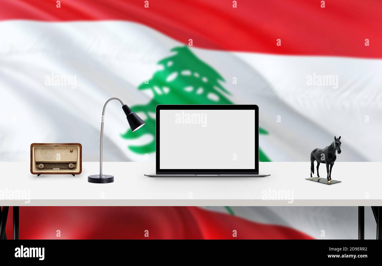 Lebanon national flag background with workspace, desktop computer and ...