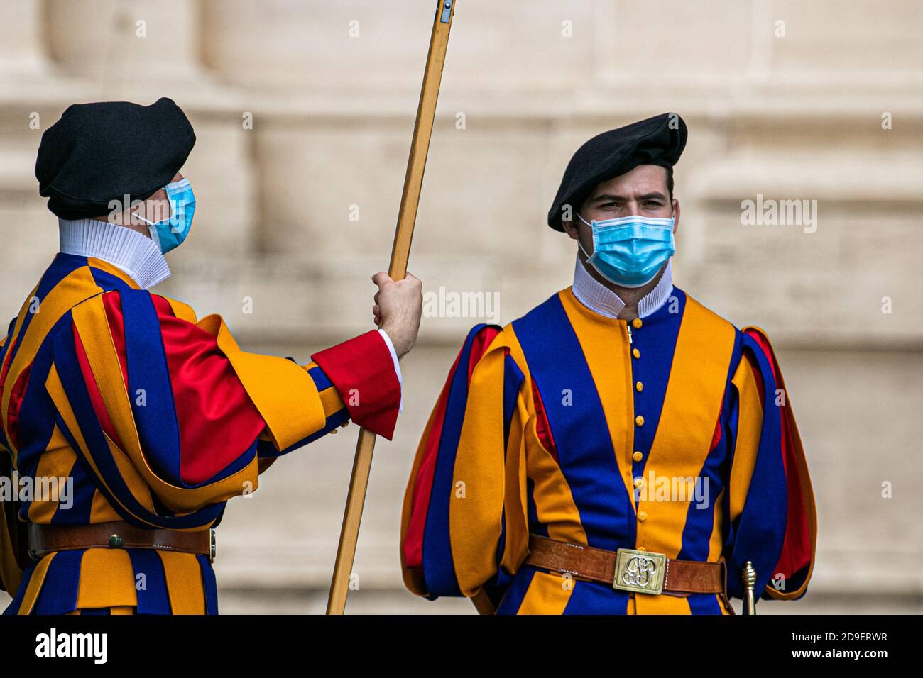 ROME ITALY,UK 5 November 2020.Swiss ceremonial guards in the Vatican ...