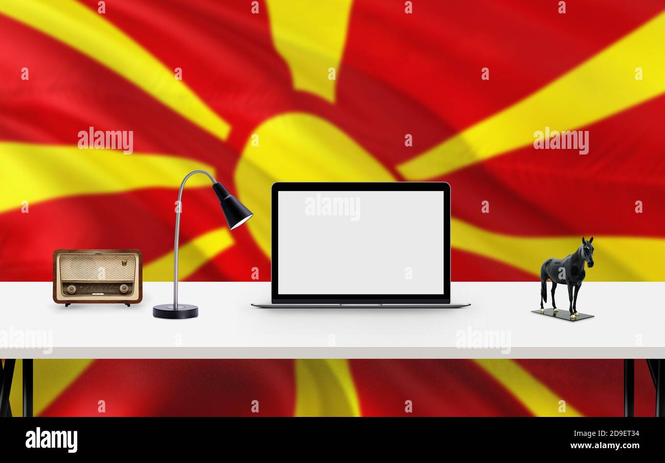 Macedonia national flag background with workspace, desktop computer and ...