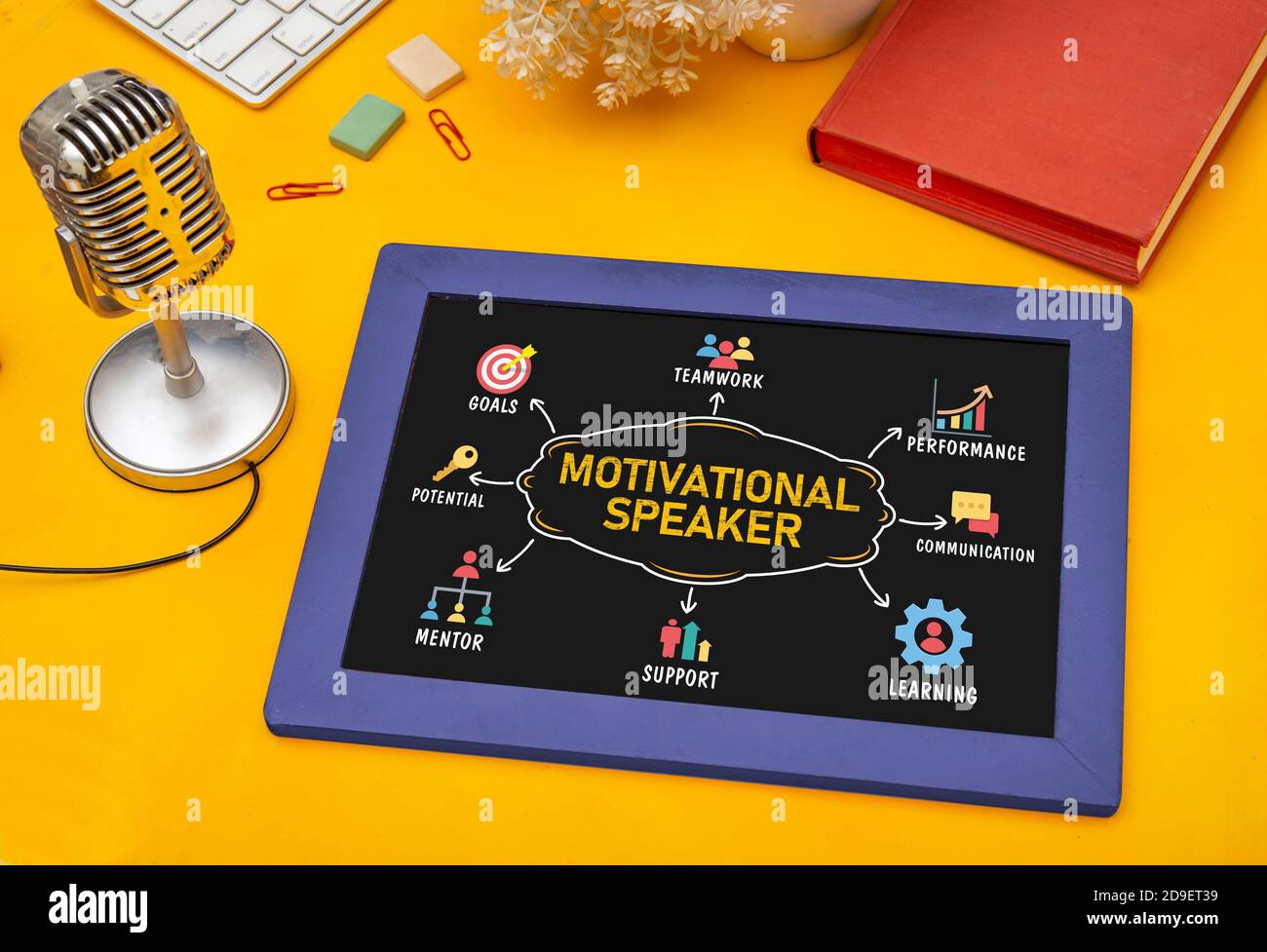 Motivational Speaker chalk drawing with microphone top view Stock Photo ...
