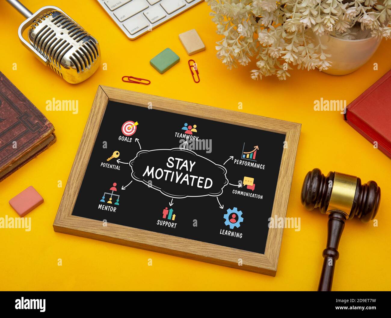 Stay motivated infographic on slate in office table top view Stock ...