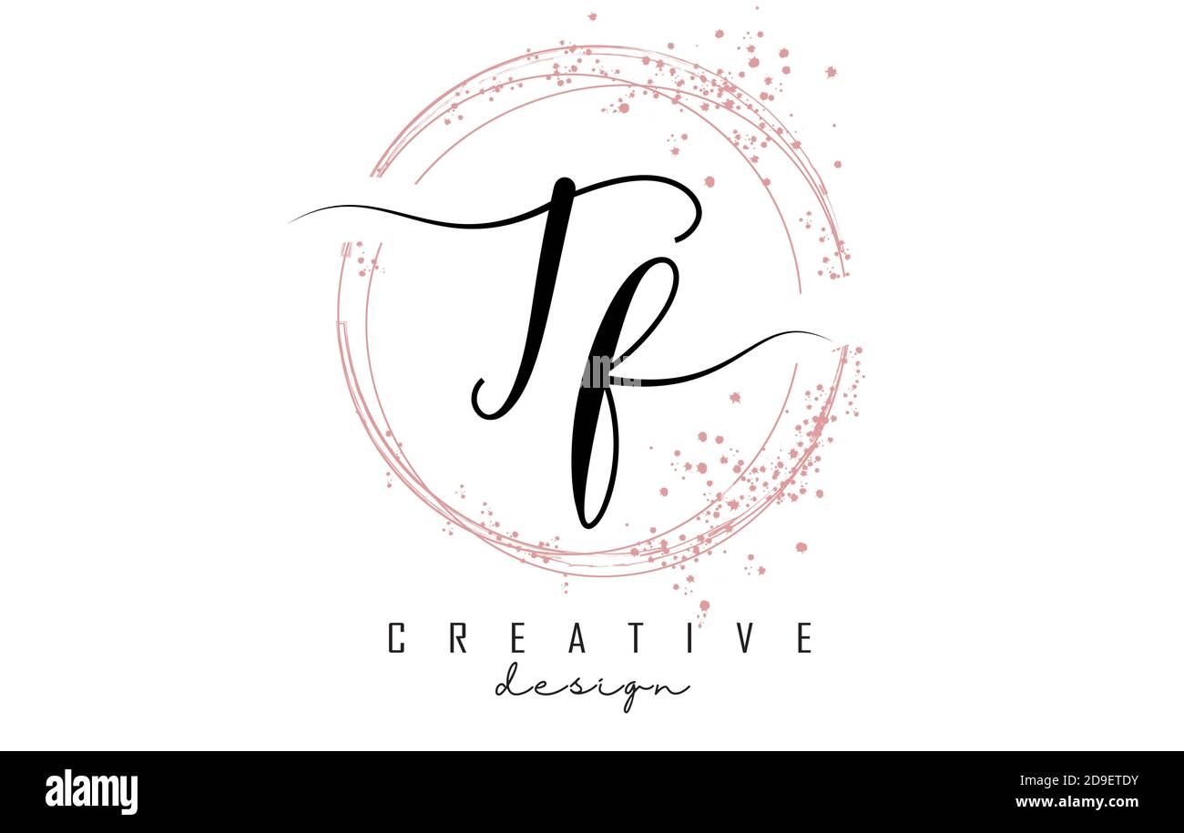 Handwritten TF T F letter logo with sparkling circles with pink glitter ...