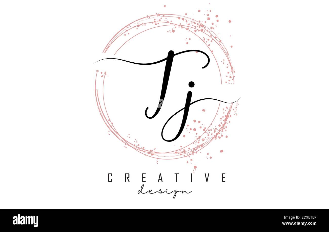 Handwritten TJ T J letter logo with sparkling circles with pink glitter ...