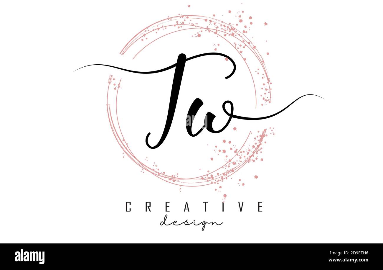 Handwritten TW T W letter logo with sparkling circles with pink glitter ...