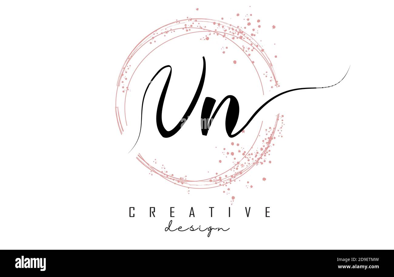 Handwritten VN V N letter logo with sparkling circles with pink glitter ...