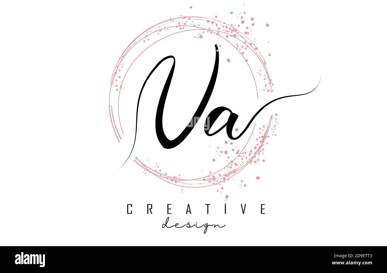 Handwritten VA V A letter logo with sparkling circles with pink glitter ...