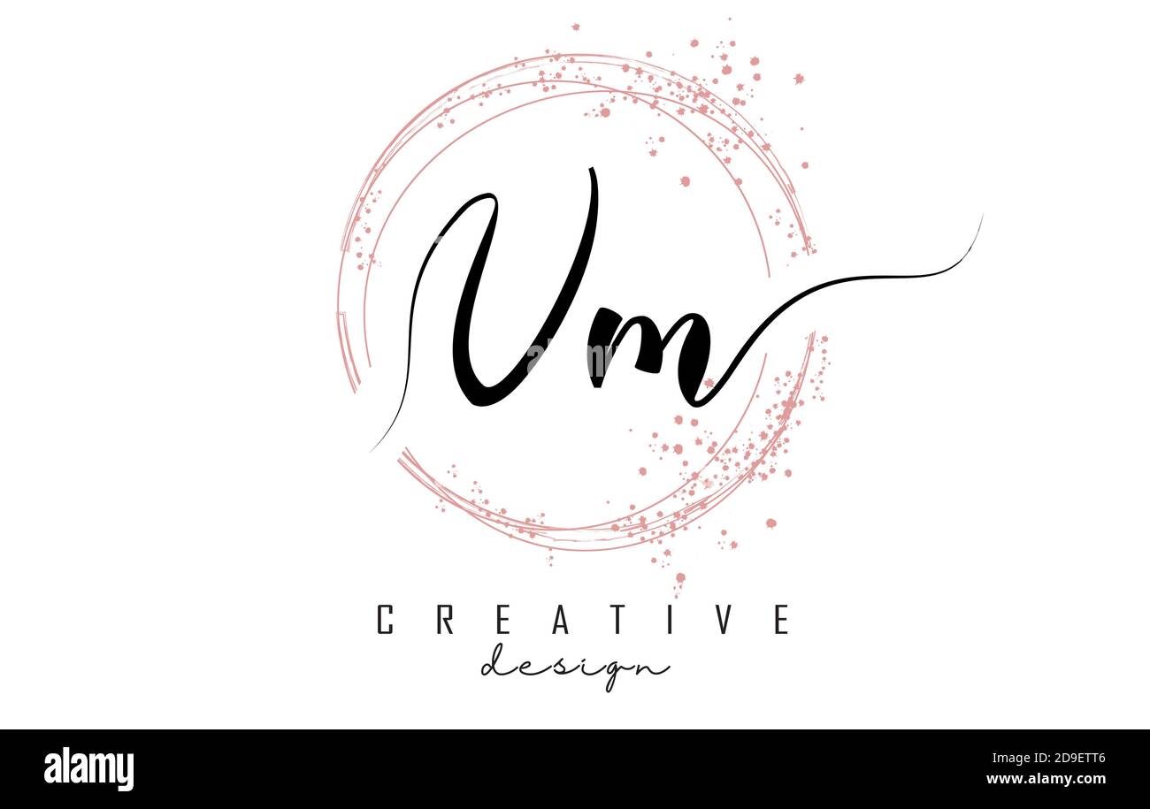 Handwritten VM V M letter logo with sparkling circles with pink glitter ...