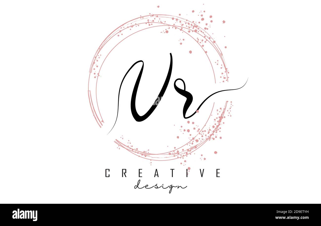 Handwritten VR V R letter logo with sparkling circles with pink glitter ...