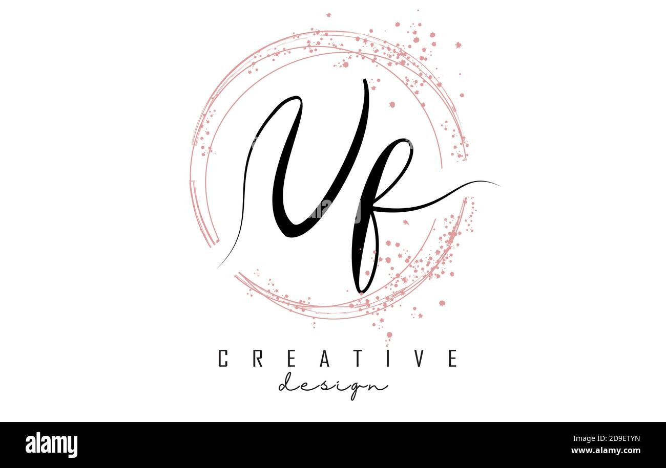 Handwritten VF V F letter logo with sparkling circles with pink glitter ...
