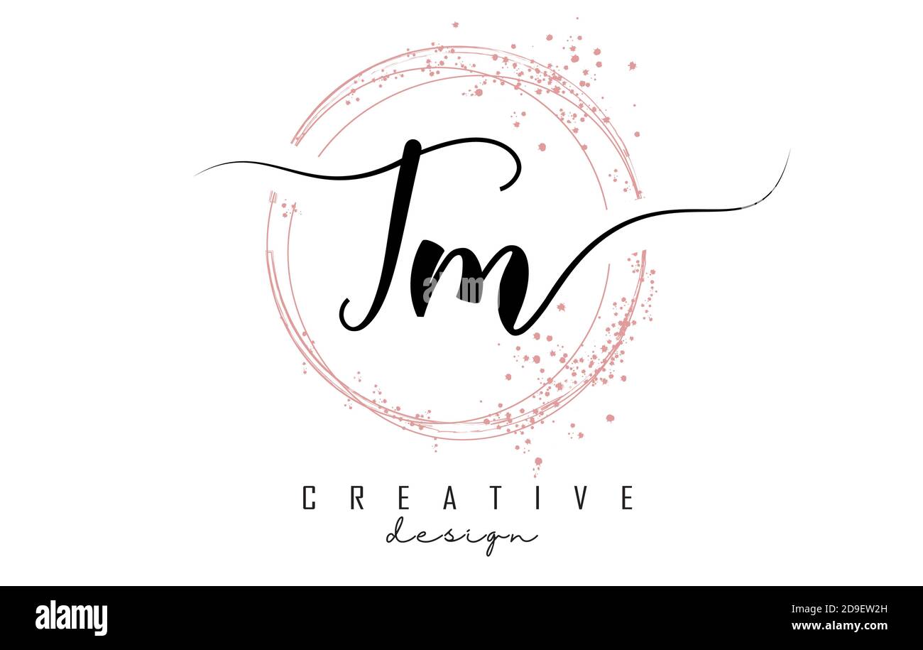 Handwritten TM T M letter logo with sparkling circles with pink glitter ...