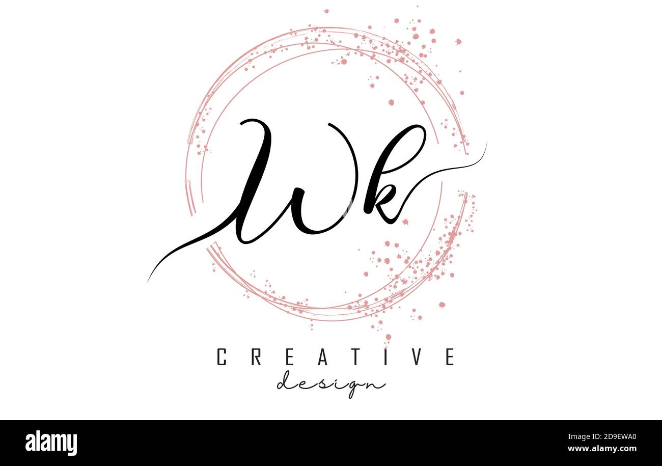 Handwritten WK W K letter logo with sparkling circles with pink glitter ...