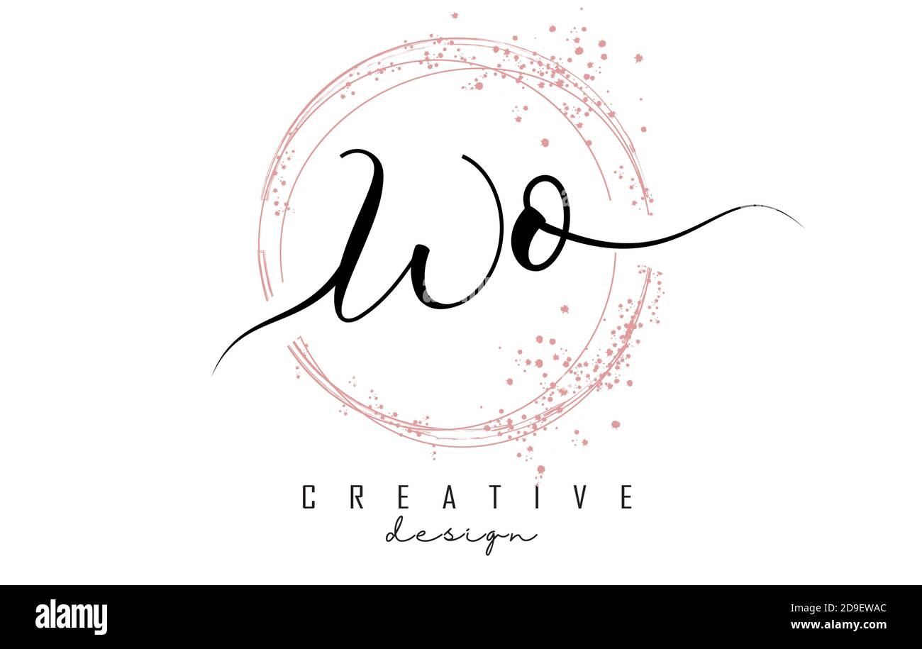 Handwritten WO W O letter logo with sparkling circles with pink glitter ...