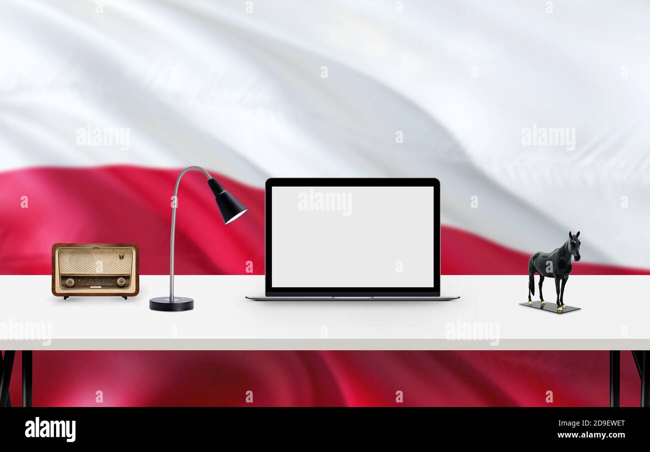 Poland national flag background with workspace, desktop computer and ...