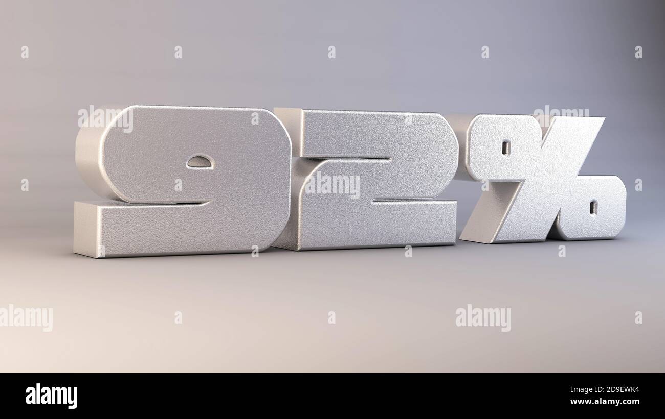 92 percent 3d metal text isolated on white, 3d render illustration ...
