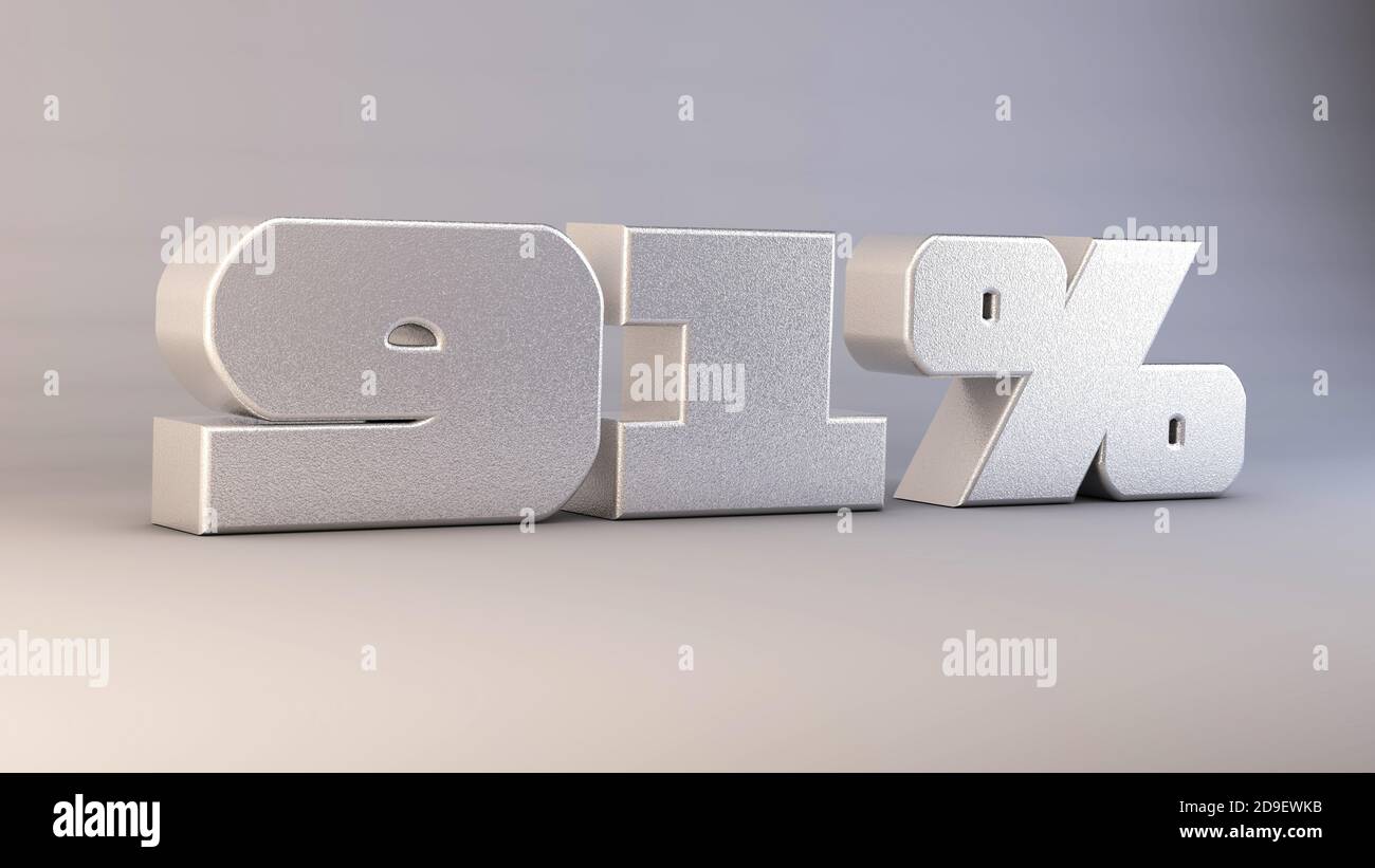 91 percent 3d metal text isolated on white, 3d render illustration ...