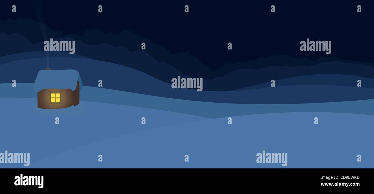 Winter night, panoramic landscape, snow covered lonely wooden house ...