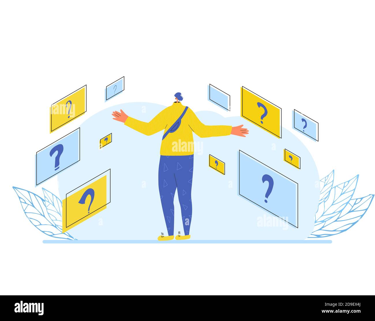 Pensive man. Thoughtful person standing surrounded question marks icons. Male character thinking ...