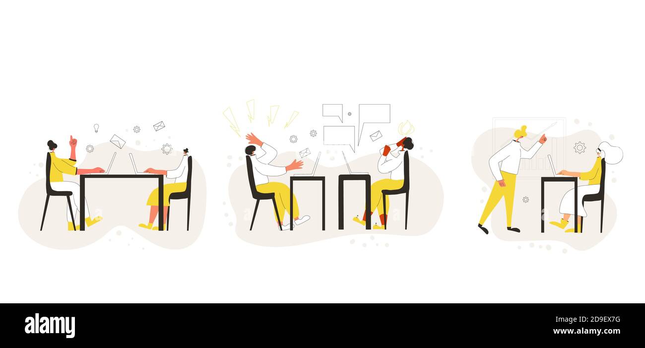Office lifestyle problem collection. Characters working on computer set ...