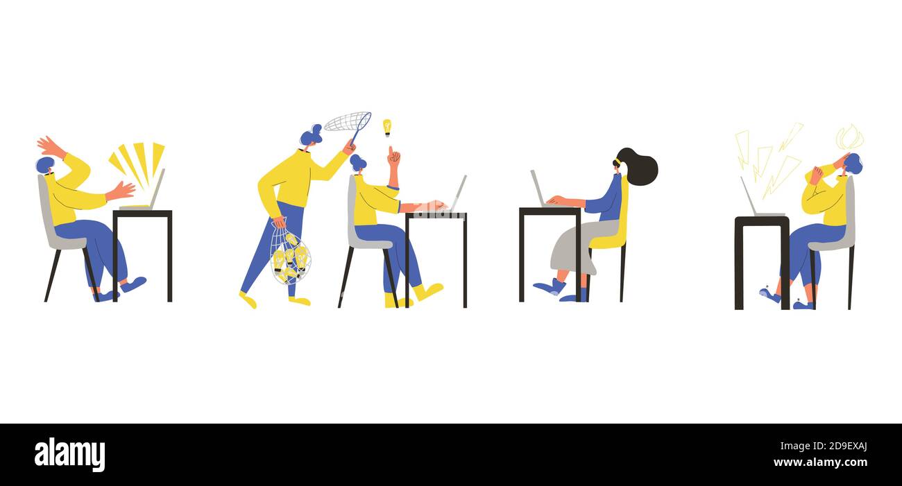 Office job collection. Characters working on computer set isolated on ...