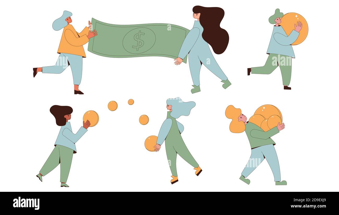 People with money set. Adult characters with coins and banknotes ...