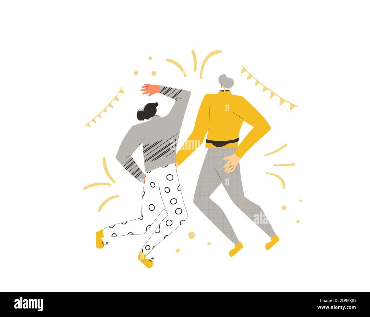 Holiday event. Two characters wearing in casual clothes dancing ...