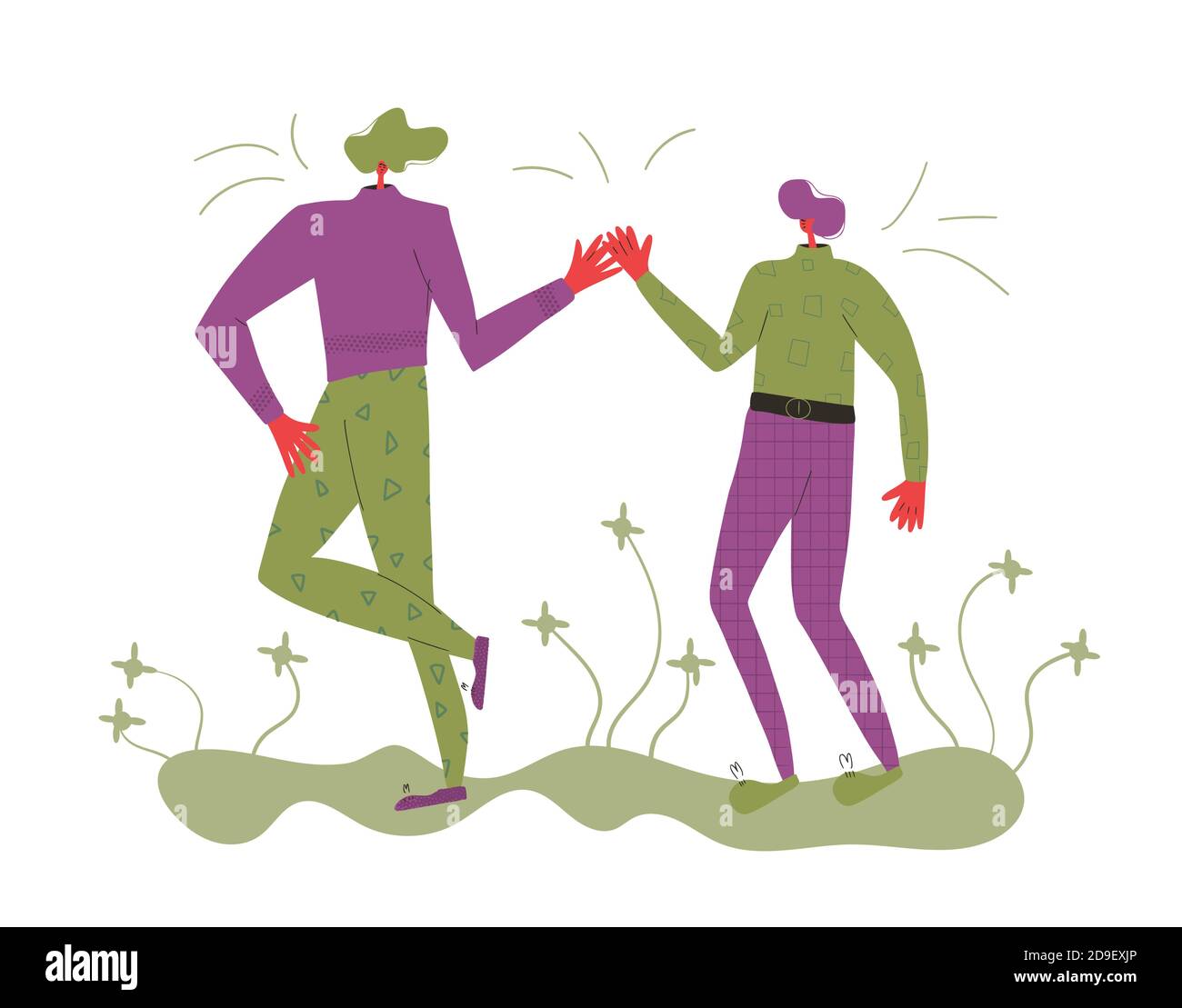 Holiday event. Two characters wearing in casual clothes dancing ...