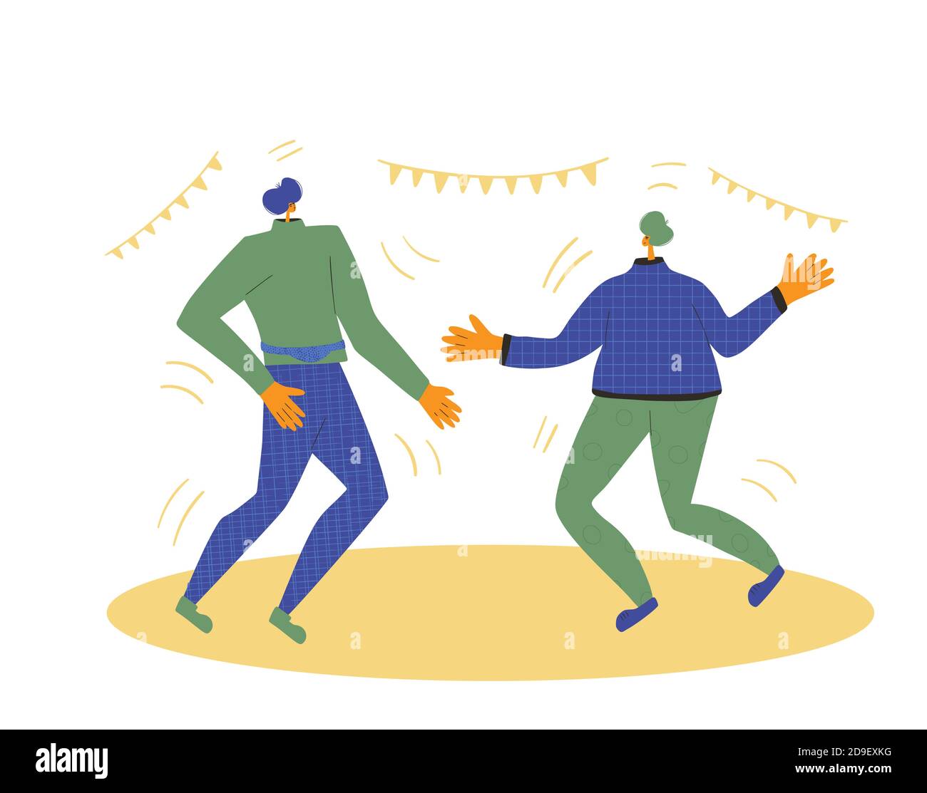 Holiday event. Two characters wearing in casual clothes dancing ...