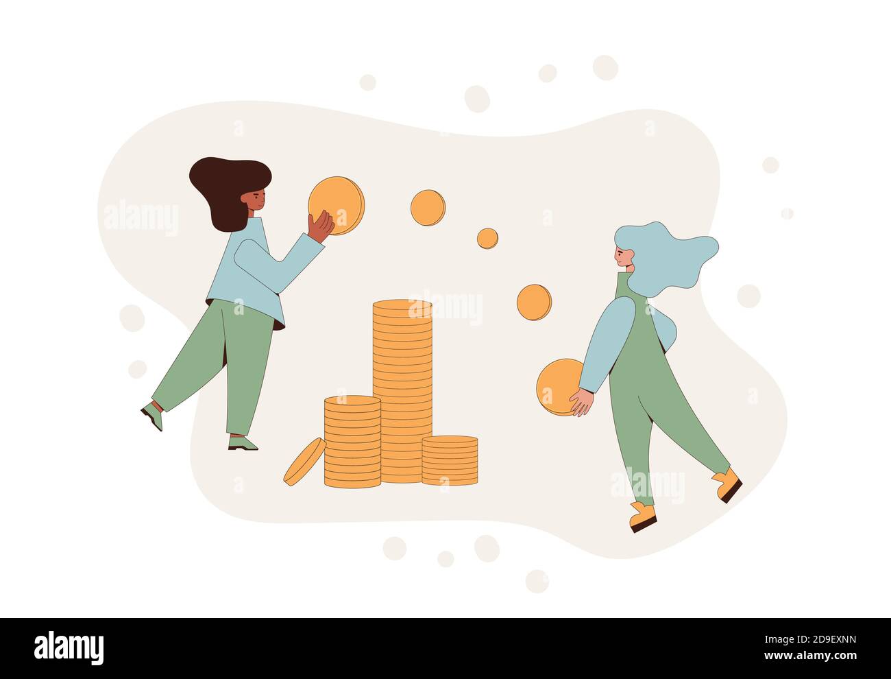Money income concept. Two teenagers with big coins. Line art flat ...
