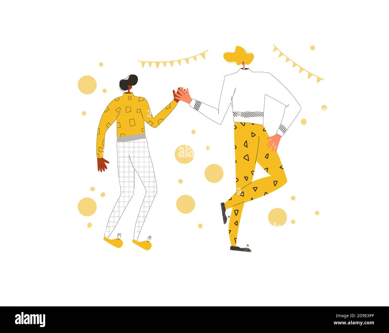 Holiday event. Two characters wearing in casual clothes dancing ...
