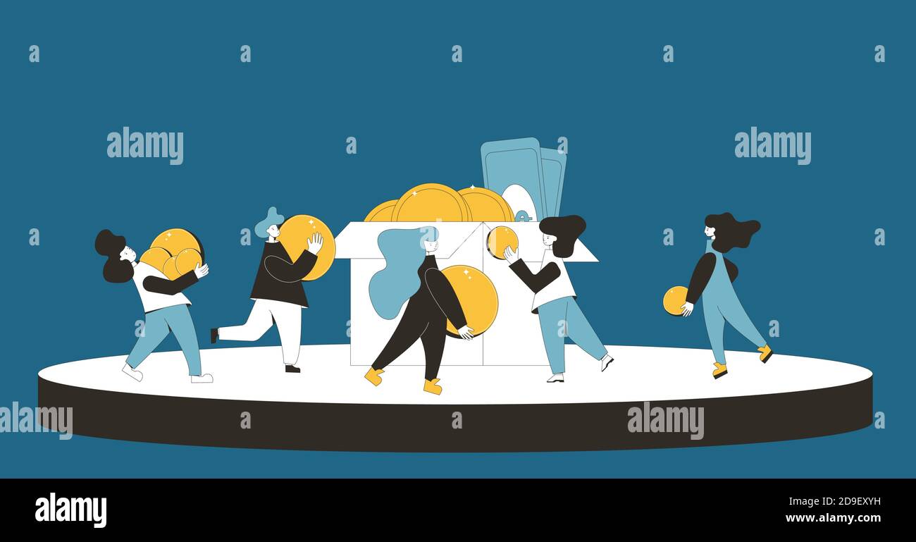 Crowdfunding concept. Young people raising money together. characters ...