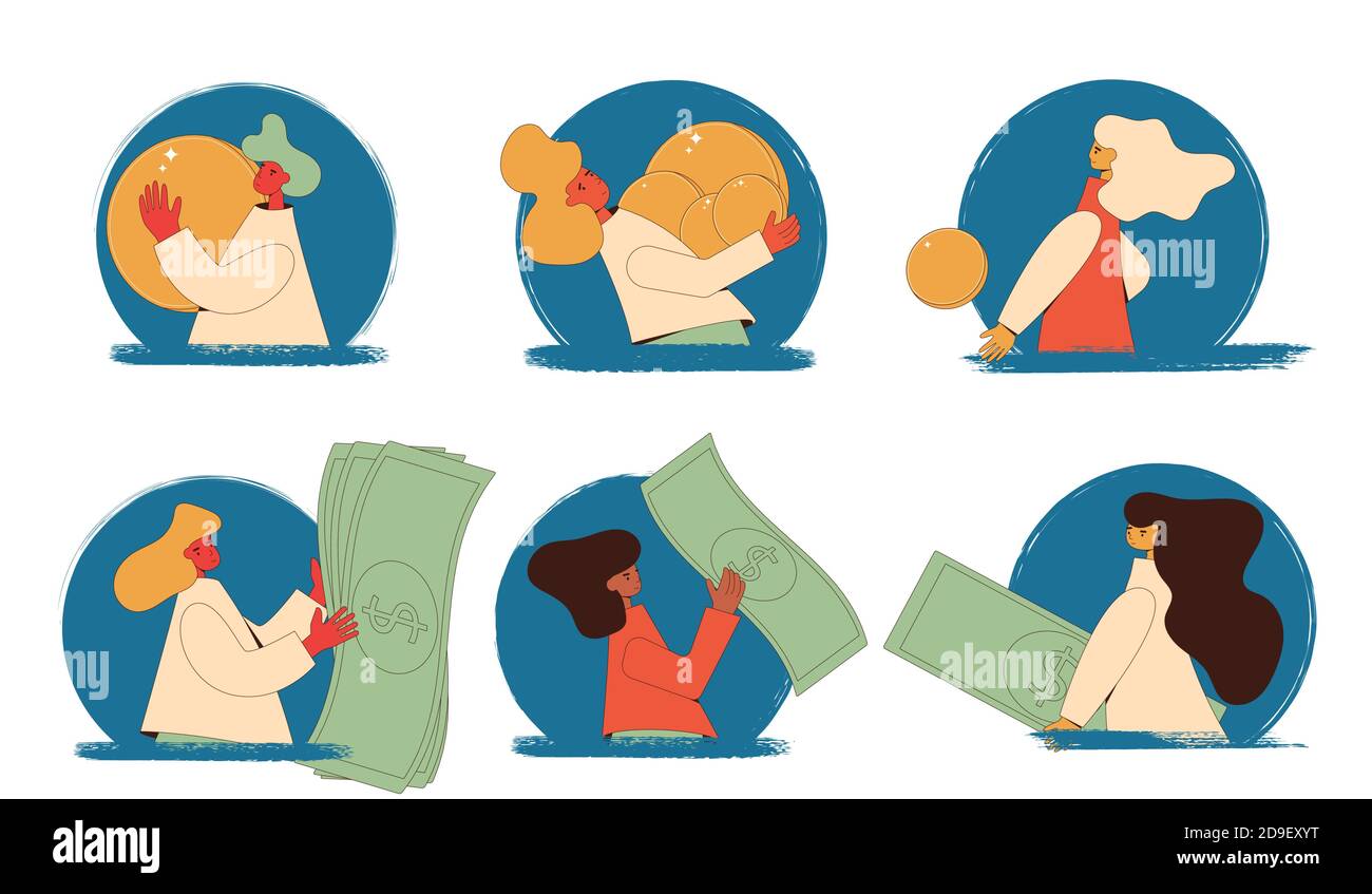 People with money avatars set. Adult characters with coins and ...