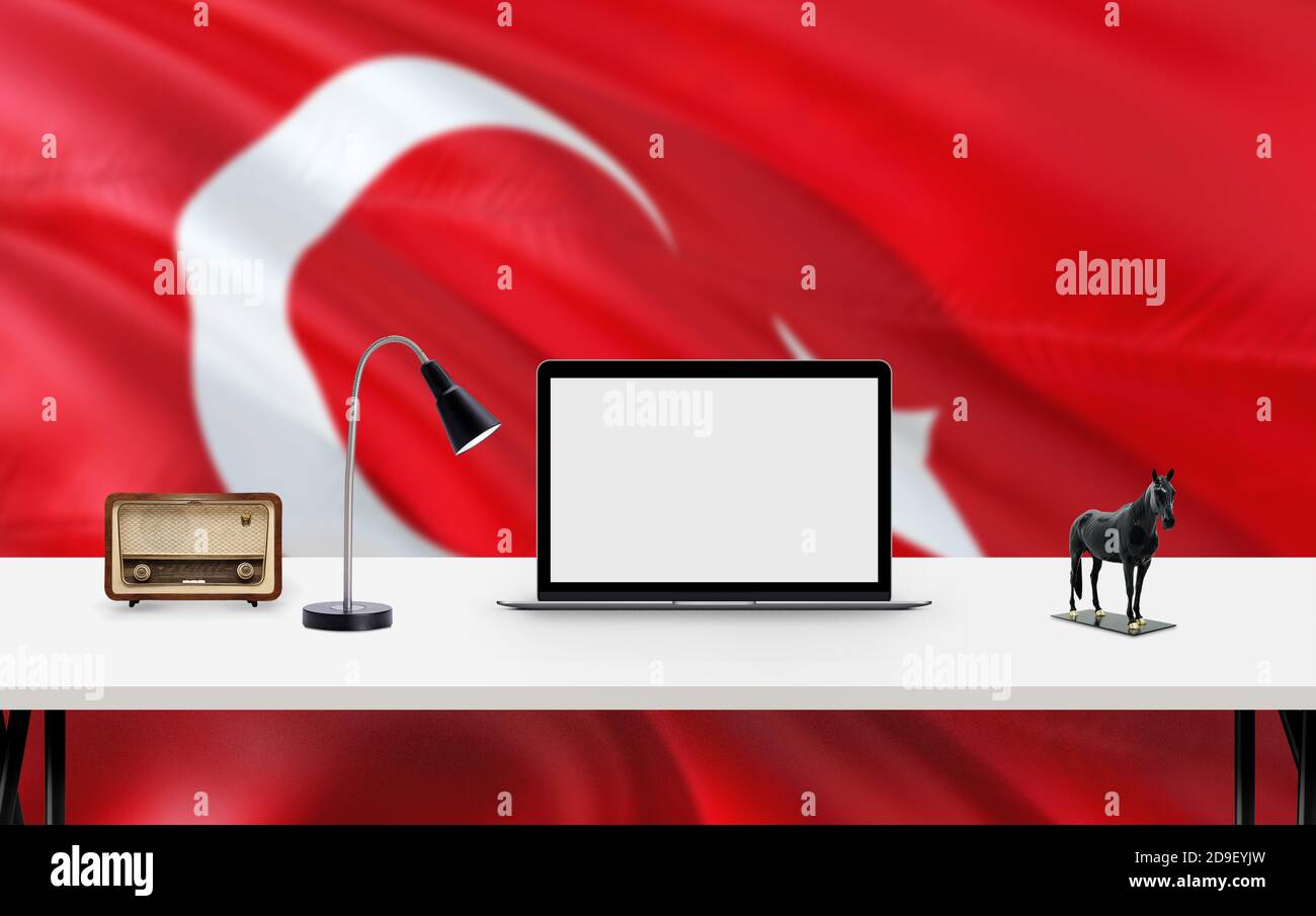 Turkey national flag background with workspace, desktop computer and ...