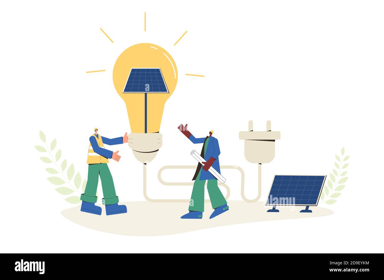 Solar energy panel instalation. Field worker and manager demonstrated ...