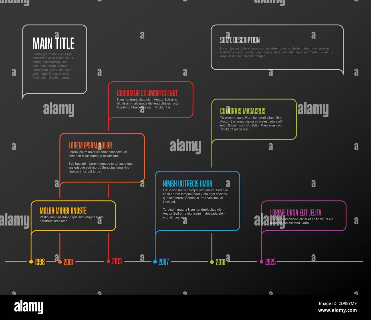 Vector dark horizontal infographic timeline template with thin line ...