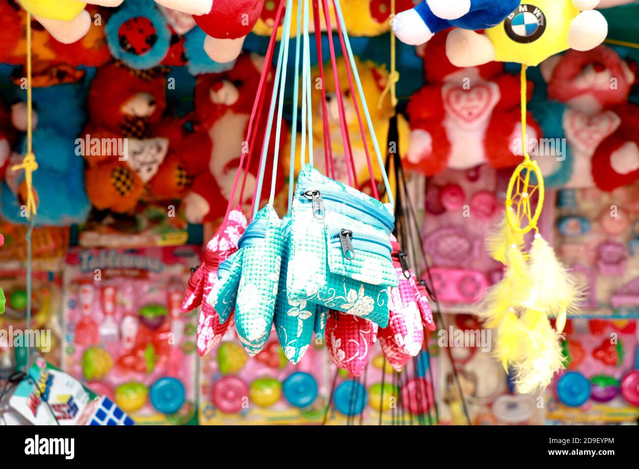 Toys and fancy items for sale at a picnic spot, selective focus Stock ...