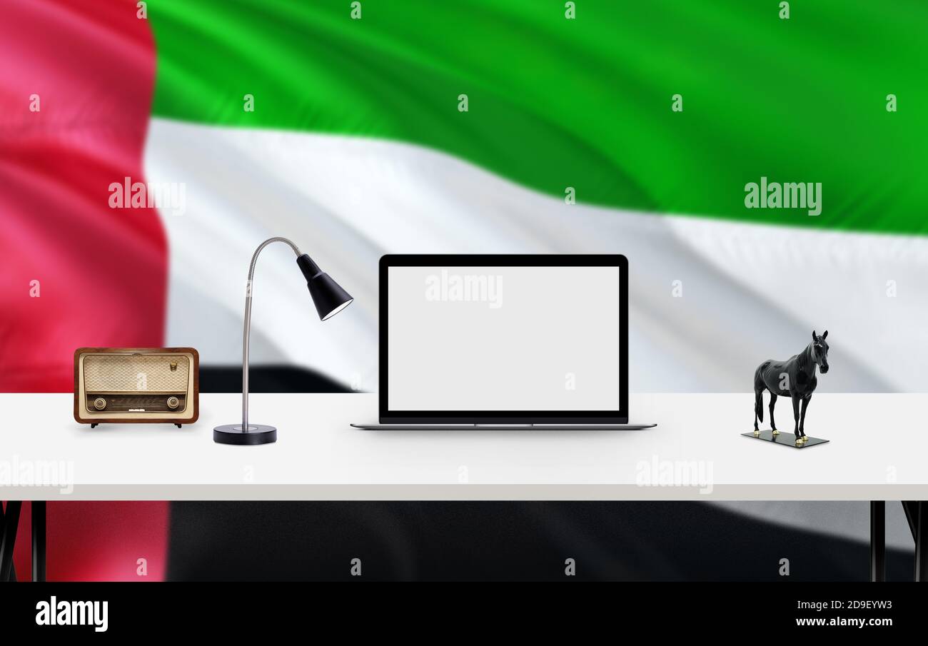 United Arab Emirates national flag background with workspace, desktop ...