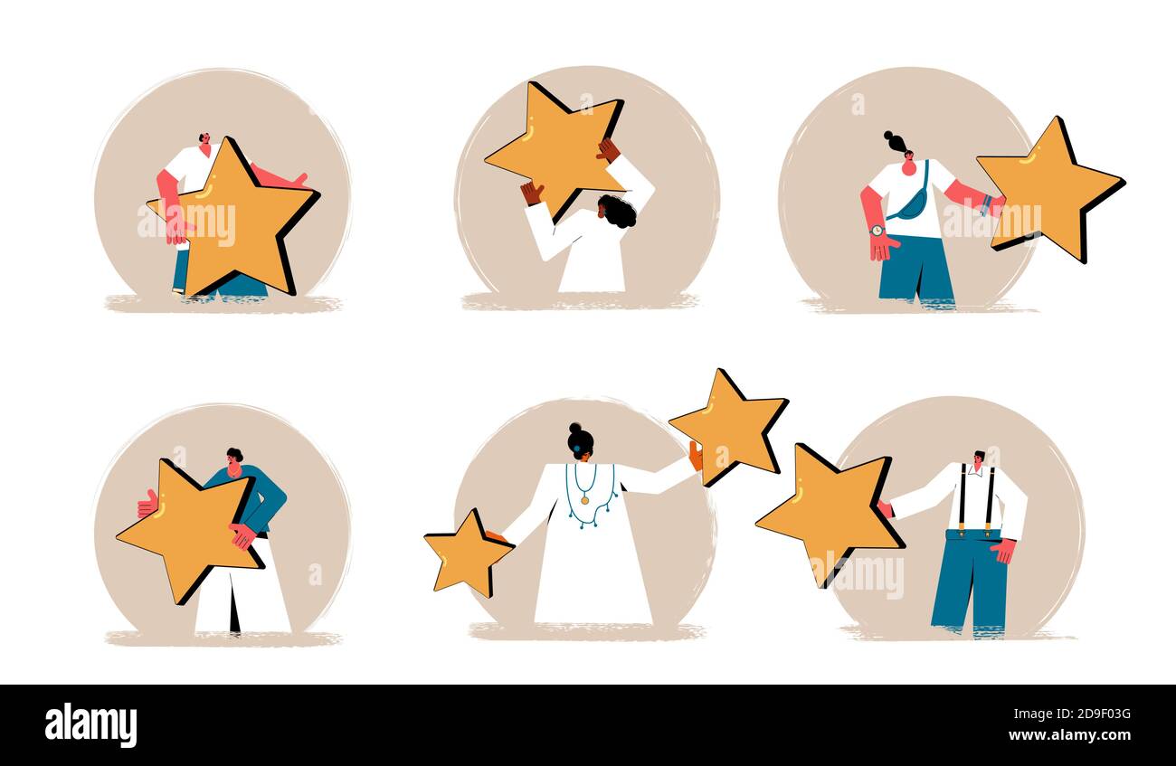 Feedback icons set. Client review avatars. People portraits holding ...