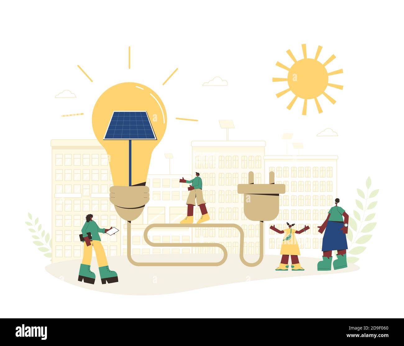 Solar energy system concept. Installing solar modules. Scene with ...