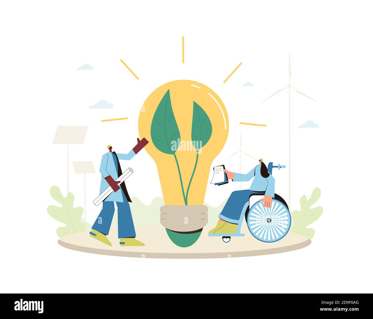 Clean energy system business. Bulb with green leaves and professional ...