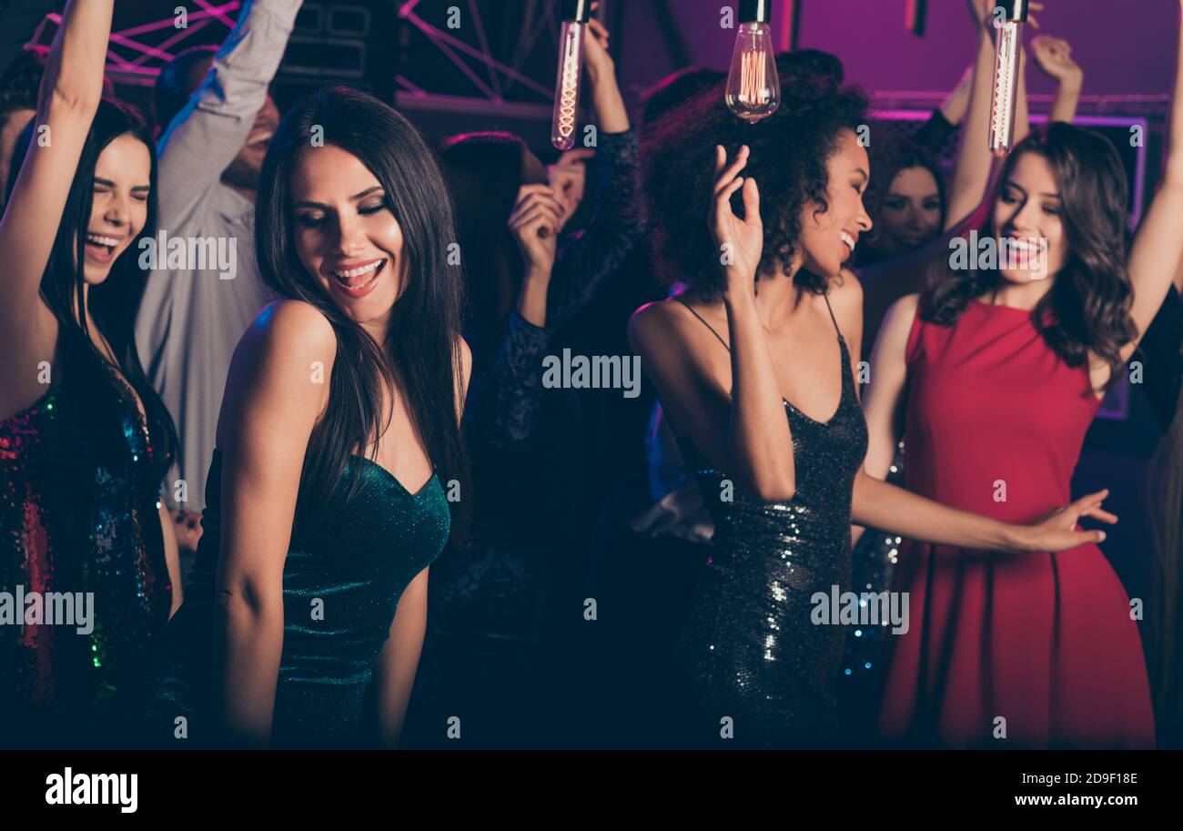 Photo Of Young Beautiful Girls Dancing On Party In Night Club Wearing Classy Stylish Dresses