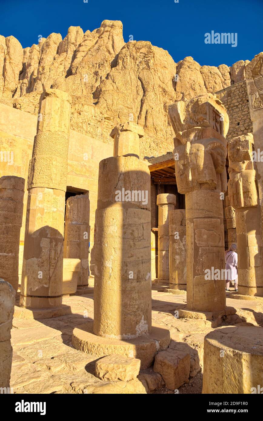 Some square piers and round columns are topped with Hathor capitals ...